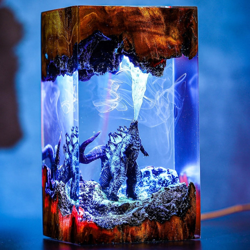 Unique Godzilla Gift - Handcrafted Resin & Wood Lamp with Glowing Atom ...