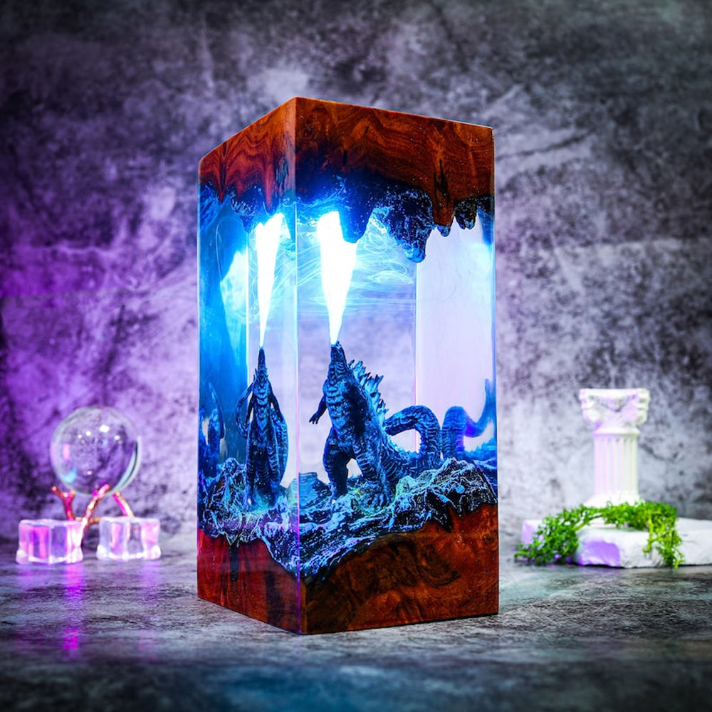 Unique Godzilla Gift - Handcrafted Resin & Wood Lamp with Glowing Atom ...